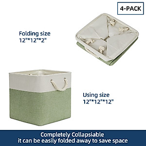 WLFRHD Fabric Storage Basket Cubes 4-Pack 12x12 Cubes Storage Bins Foldable with Handles Collapsible Square Storage Bins for Gifts Empty Sturdy Closet Kids Cloth Toy Nursery (White and Green)