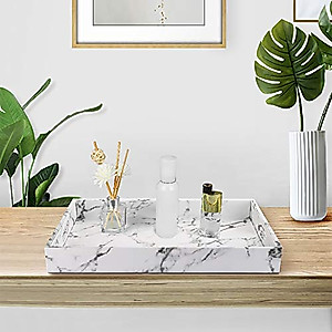 Fasmov Serving Tray, 17 x 12 inches White Marble Faux Leather Decorative Decorative Tray with Handles for Bathroom, Kitchen, Ottoman and Coffee Table