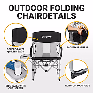 KingCamp Portable Director Camping Folding Chair Hard Arm with Handle and Side Table Support 300 lbs Perfect for Beach Sunbathing Backyard Outdoor Use, One Size, Black/Mediumgrey-2 Pack