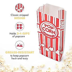 Alitte Paper Popcorn Bags (100-Pack) 1 oz Individual Servings - Leakproof Bottom, Holds 4 Cups of Popcorn - Classic Red and White Stripes, for Movie Night, Carnival, Party, Theater, and Snack Bars