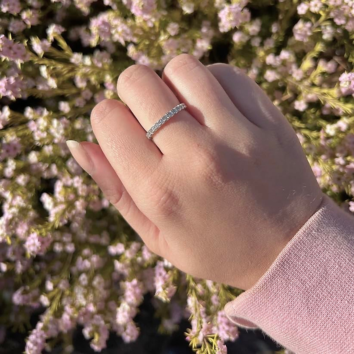 DIAMONBLISS Stackable Thin Eternity Ring for Women | Platinum Plated 925 Sterling Silver Infinity Band | 2mm Round Cut Cubic Zirconia CZ Simulated Diamond, Size 6