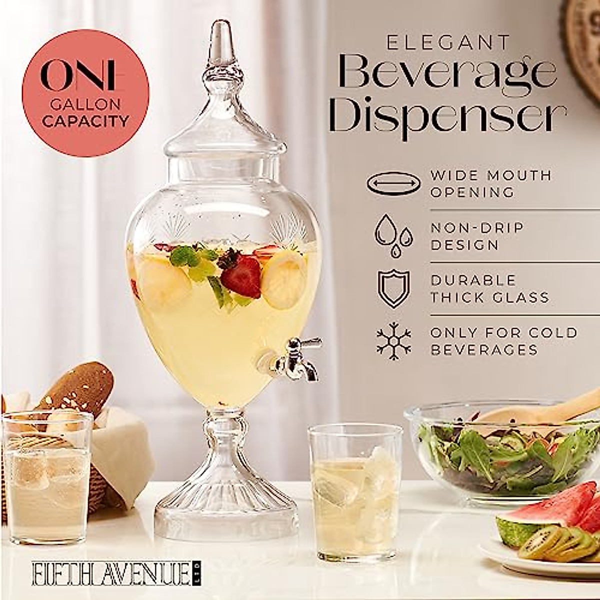 Fifth Avenue Crystal Beverage Dispenser for Countertop - 1 Gallon Large Glass Drink Dispenser w/Spigot & Lid - Party Drink Dispenser for Sweet Tea Lemonade Punch Water, Juice Dispensers for Parties