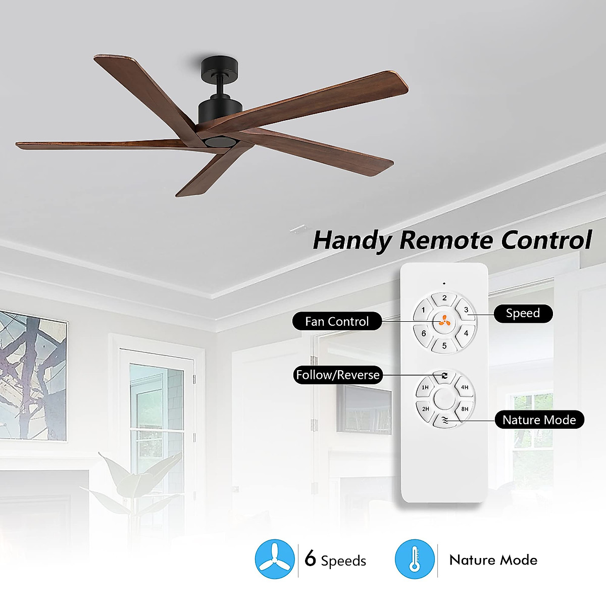 WINGBO 64 Inch DC Ceiling Fan without Lights, 5 Reversible Carved Solid Wood Blades, 6-Speed Noiseless DC Motor, Ceiling Fan No Light with Remote, Matte Black Finish with Walnut Blades, ETL Listed