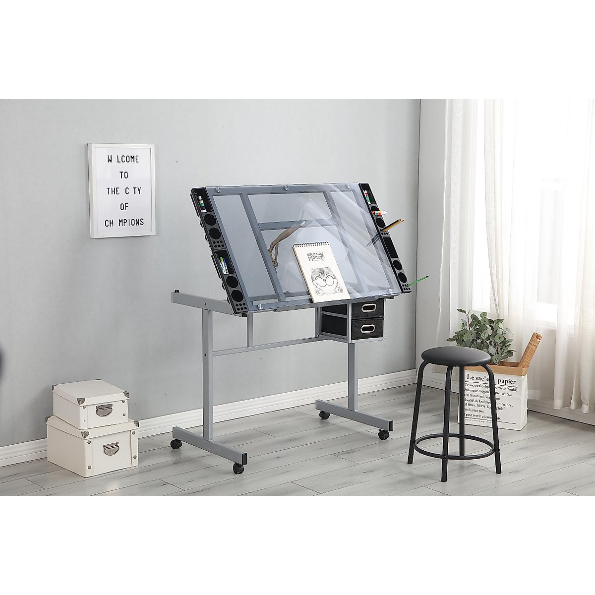 Olela Drafting Desk, Height Adjustable Drafting Table Versatile Art Craft Artists Paintings Storage Work Station with Tilting Temped Glasses Tabletop and Stool (Drawing Table - 3)
