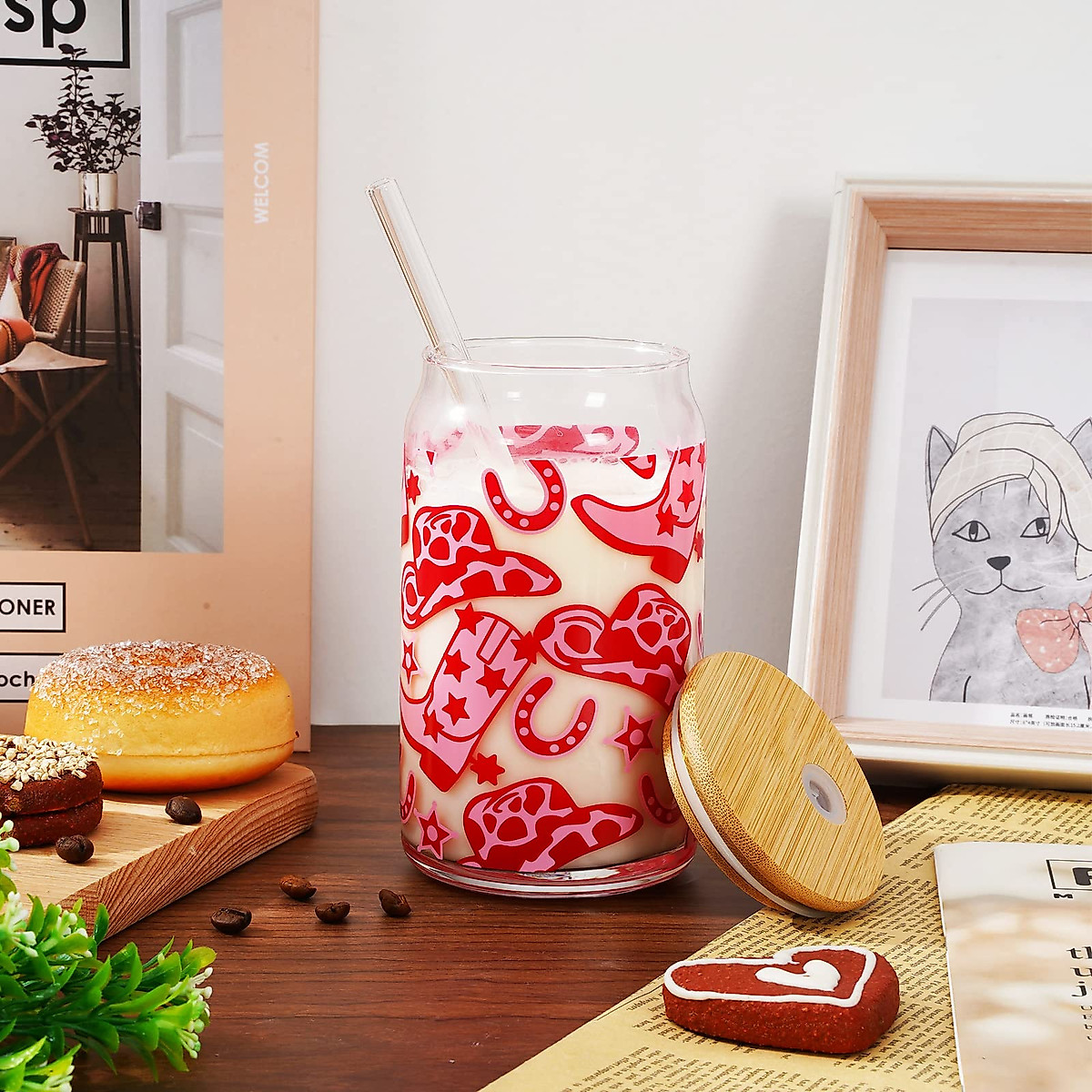 Whaline Western Cowgirl Beer Can Glass Cowgirl Drinking Glasses 16oz with Bamboo Lid Glass Straw and Cleaning Brush Cowboy Boots Disco Drinking Glass Boho Preppy Coffee Decor Gift Idea,2 Pack