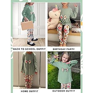 Yekaty Kids Clothes Set Girls Floral Crewneck Outfits 2 Pcs Long Sleeve Green Tops Floral Loose High Waist Pants Sets