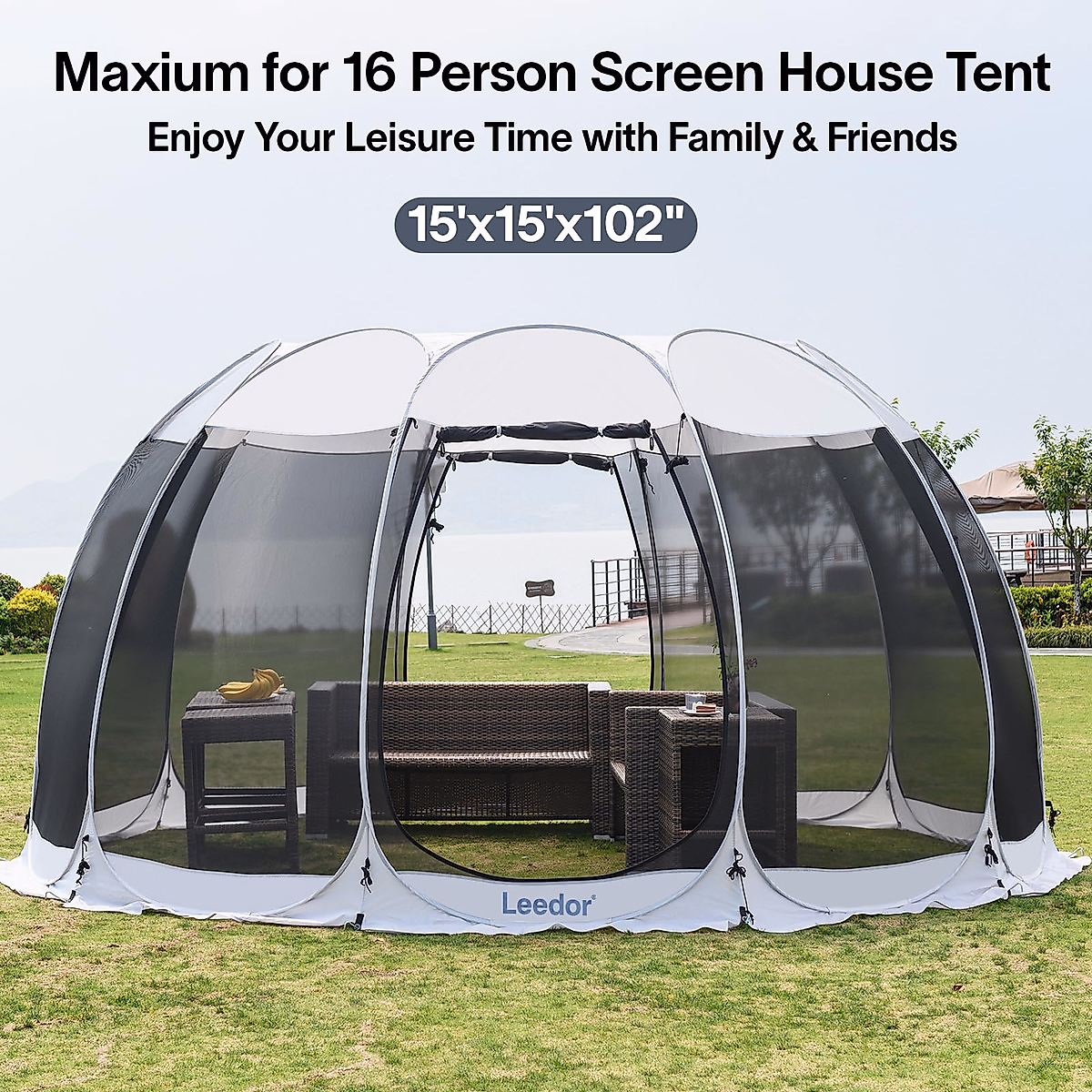 Leedor 15'x15' Pop Up Screen House Tent with Netting, 1-Person Setup Pop Up Gazebo Instant Portable Outdoor Canopy Tent UPF 50+ Roof Sun Shelter & Carry Bag for Backyard Outside Activities (Gray)