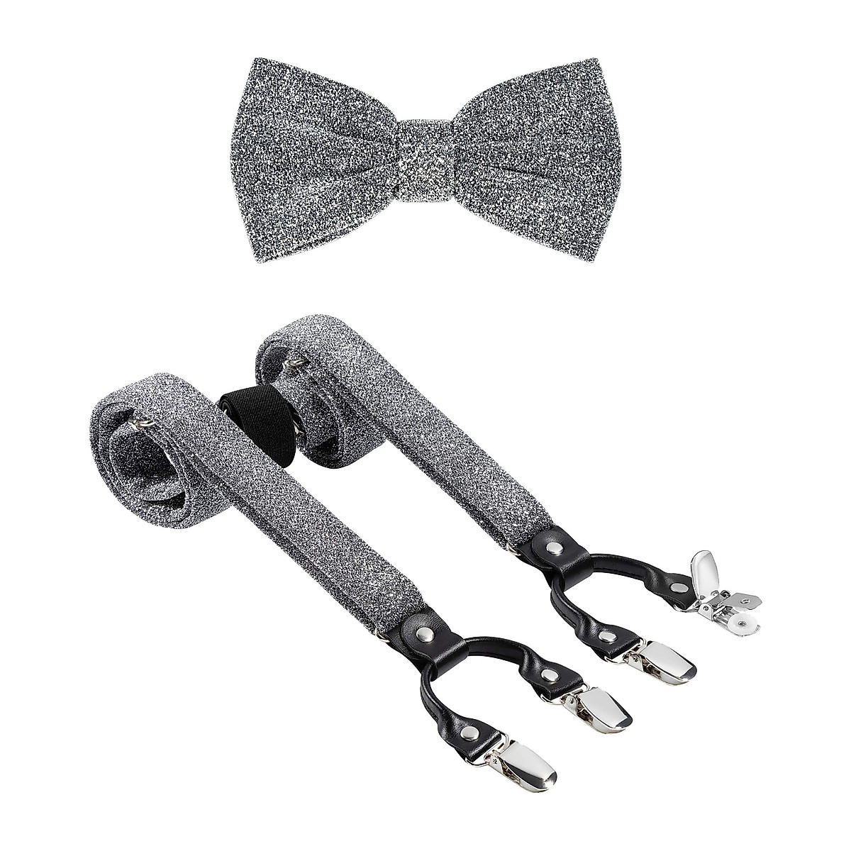 TIE G Men's Glitter Velvet Suspender + Bow Tie Set for Wedding, Party : Glittering Effects, Adjustable Braces, Strong 6 Clips (Twinkle Silver)