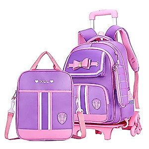 ZHANAO Rolling Trolley Bag Wheeled Backpack Bowknot for Girls Primary Schoolbag 3Pcs with Crossbody Bag Pencil Case