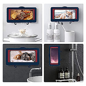 Keipc Shower Phone Holder Waterproof, HD Anti-Fog Phone Holder for Shower Wall Kitchen Mirrow, Touch Screen Phone Shower Holder Under 6.8 Inch (Dark Blue)