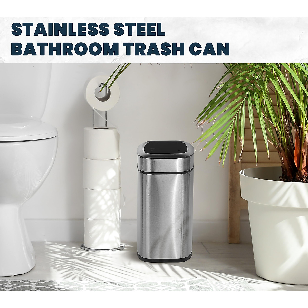 Alpine 10 Liter Small Bathroom Trash Can No Lid - Open Top Stainless Steel Bathroom Trash Can 2.6 Gallon, Slim Silver Trashcans for Bedroom, Office, Desk, Kitchen with Removable Bin for Easy Disposal