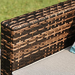 COSIEST Outdoor Furniture All-Weather Mottlewood Brown Wicker Single Chair w Warm Gray Thick Cushions, Teal Pattern Pillow