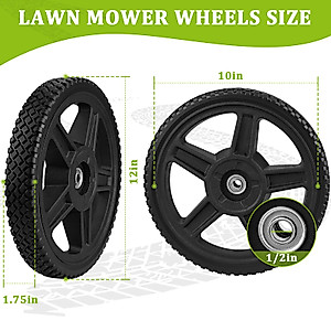 Midcos 12'' Lawn Mower Wheels, Push Mower Plastic Wheels, Set of 2 Wheels Kit for Push Mowers Includes Bolts, Nuts fits Craftsman Mower, Generator, Garden Tiller Most Standard Lawn Mowers (12×1.75'')