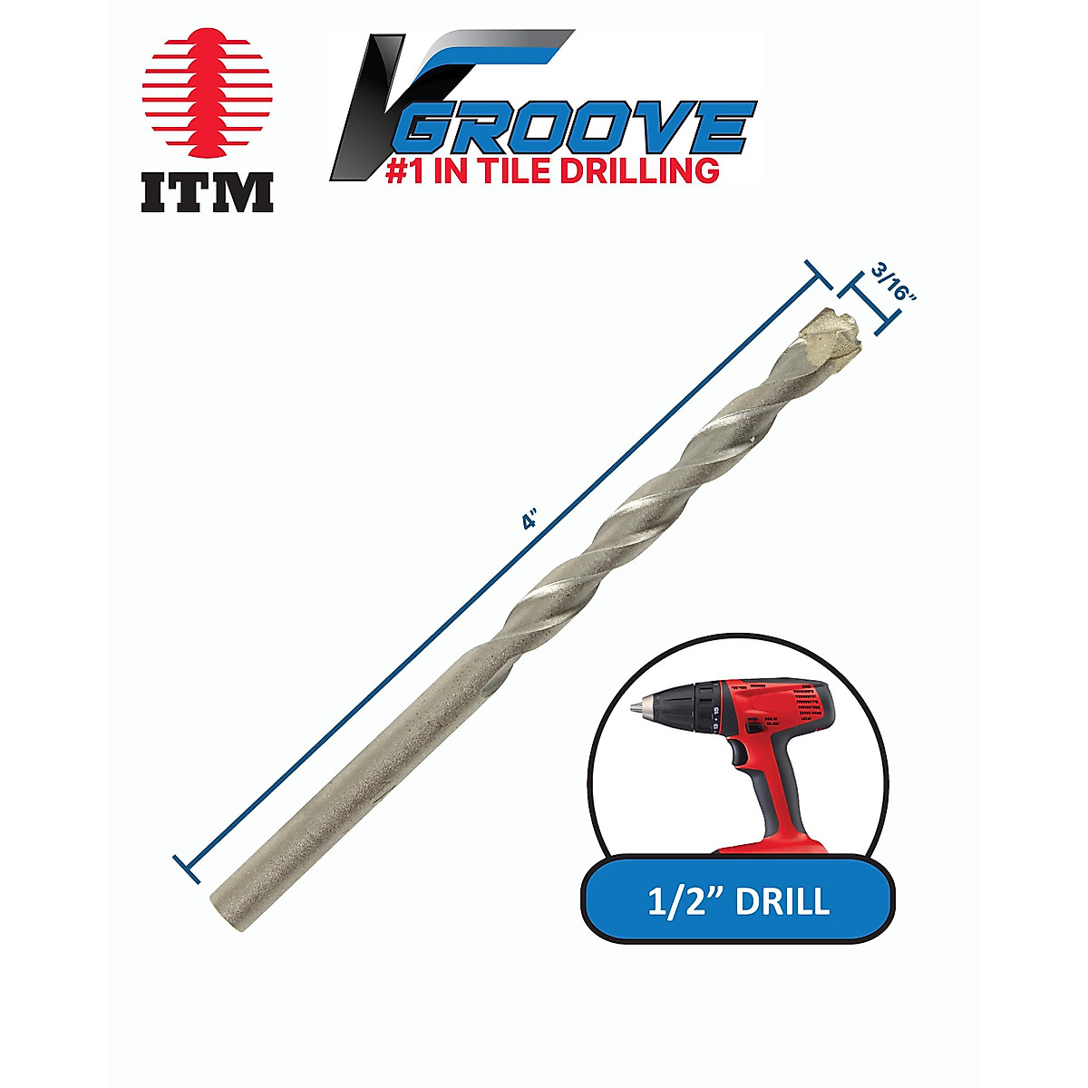 ITM V-GROOVE - VG-4002B - 3/16" X 4" - 25 Pack - Porcelain Tile Drill Bits - Carbide Tipped Drill Bits for Porcelain, Ceramic, Marble, Stone and Glass Tile