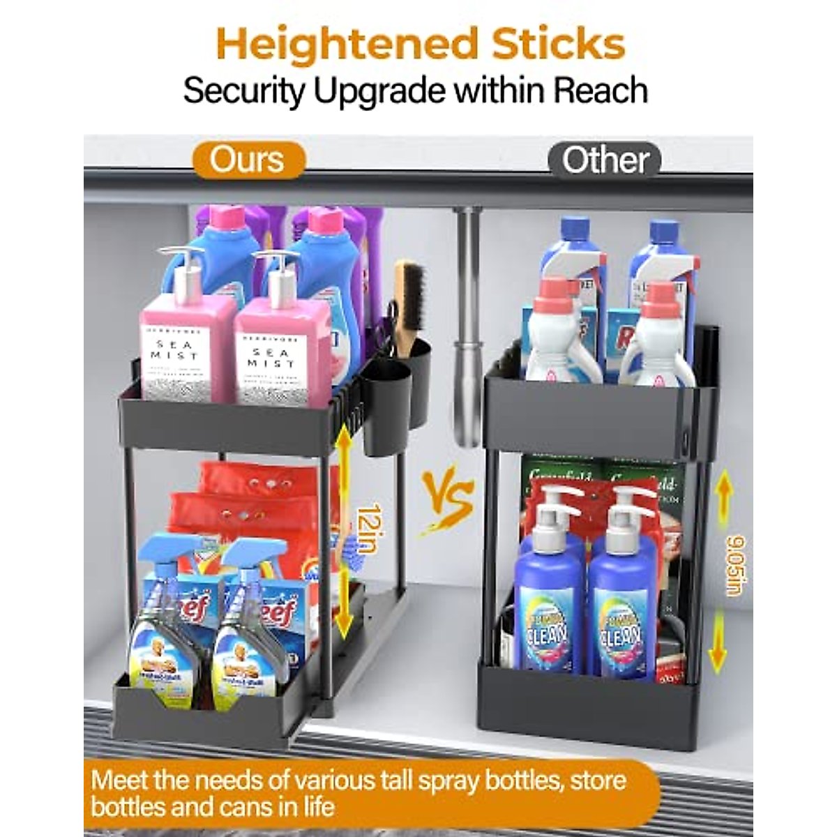 Stackable Under Sink Organizers and Storage - DILEASIR Upgraded 12in Heightened Sticks 2 Tier Under Sink Organizer with 4 Hanging Cups, 8 Dust Plugs, 8 Hooks, Multi-function Storage, Black, 2 Pack