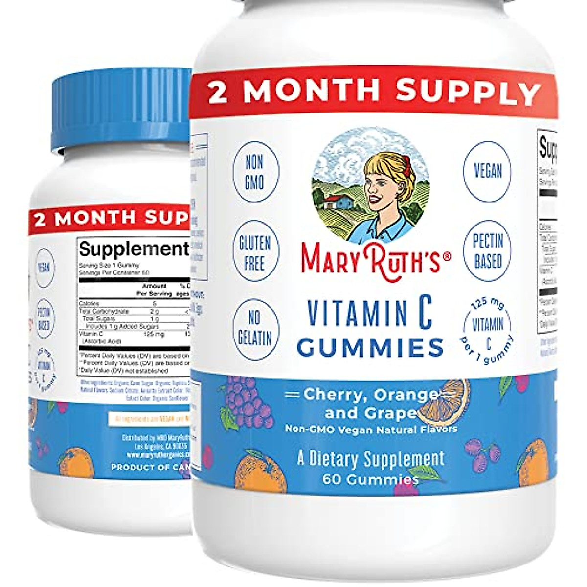 Vegan Vitamin C Gummies by MaryRuth's | 2 Month Supply | Great Tasting Plant-Based Formula Supports Immune Function & Overall Health for Adults & Kids | Non-GMO with 125 mg of Vitamin C Per Gummy