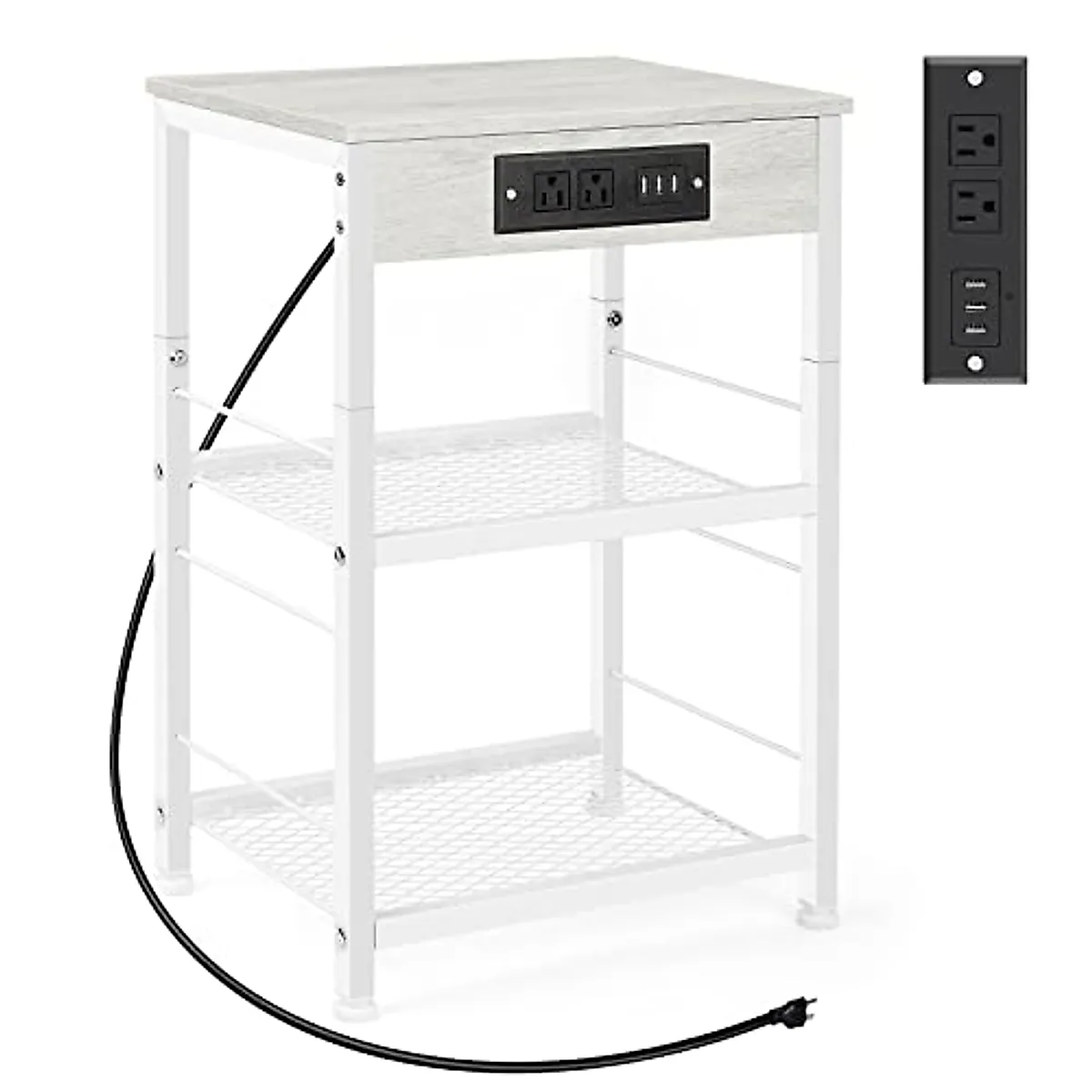 White Nightstand with Charging Station 3 Tier Small End Table with Storage Shelf Modern Farmhouse Bed Side Table with USB Ports and Outlets for Small Space Living Room Bedroom