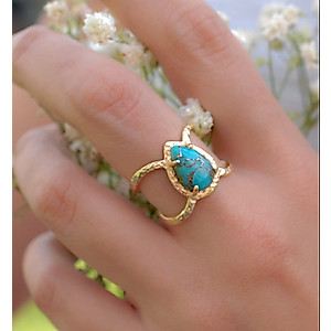 Awmnjtmgpw 18K Gold Inlaid Teardrop pear Shaped Turquoise Ring Size 6-10 (Size 8)