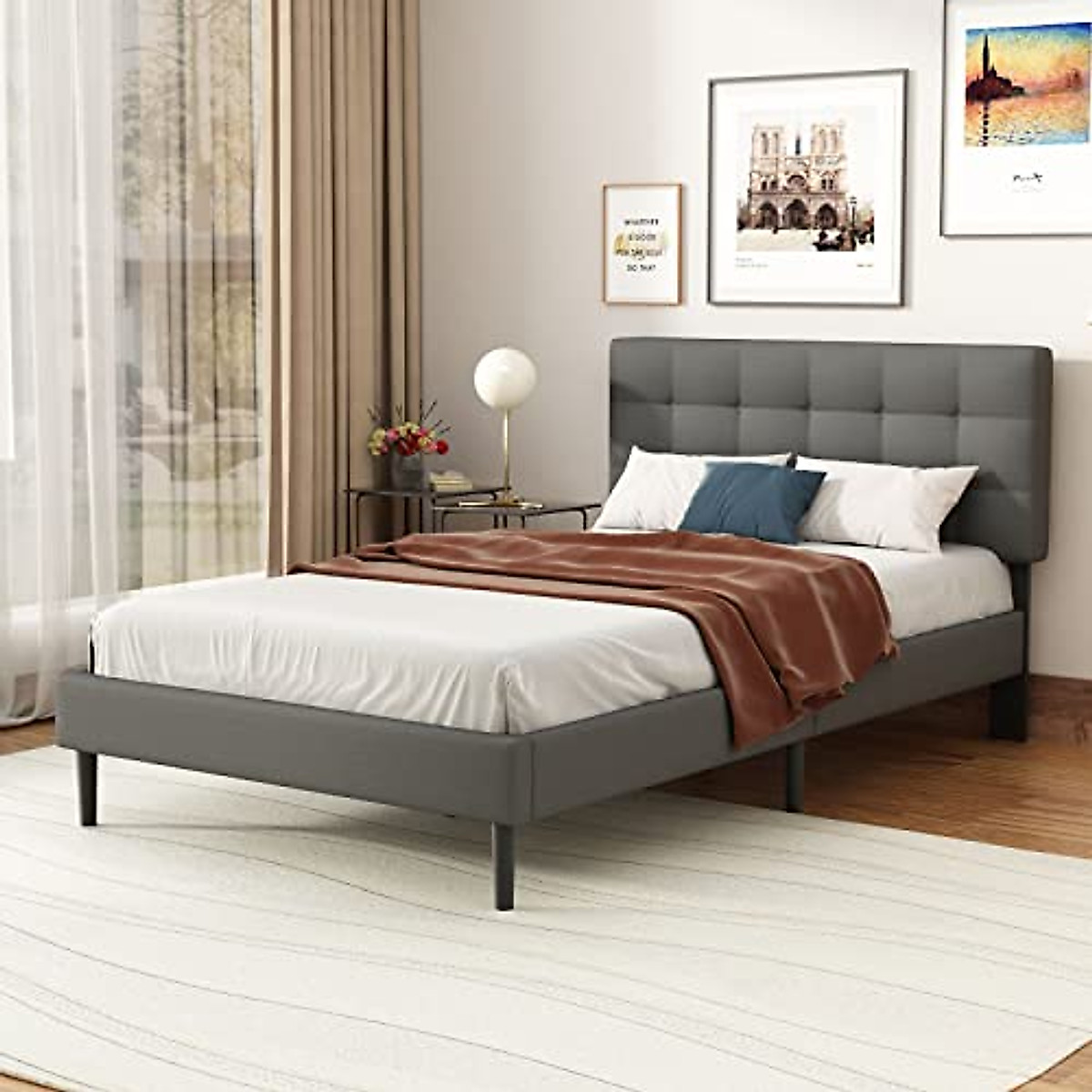 UNIZONE Full Size Upholstered Bed Frame with Tufted Headboard, Platform Bed with Linen Fabric Headboard, Wood Slats Support, Mattress Foundation, No Box Spring Needed, Easy Assembly, Modern, Dark Gray