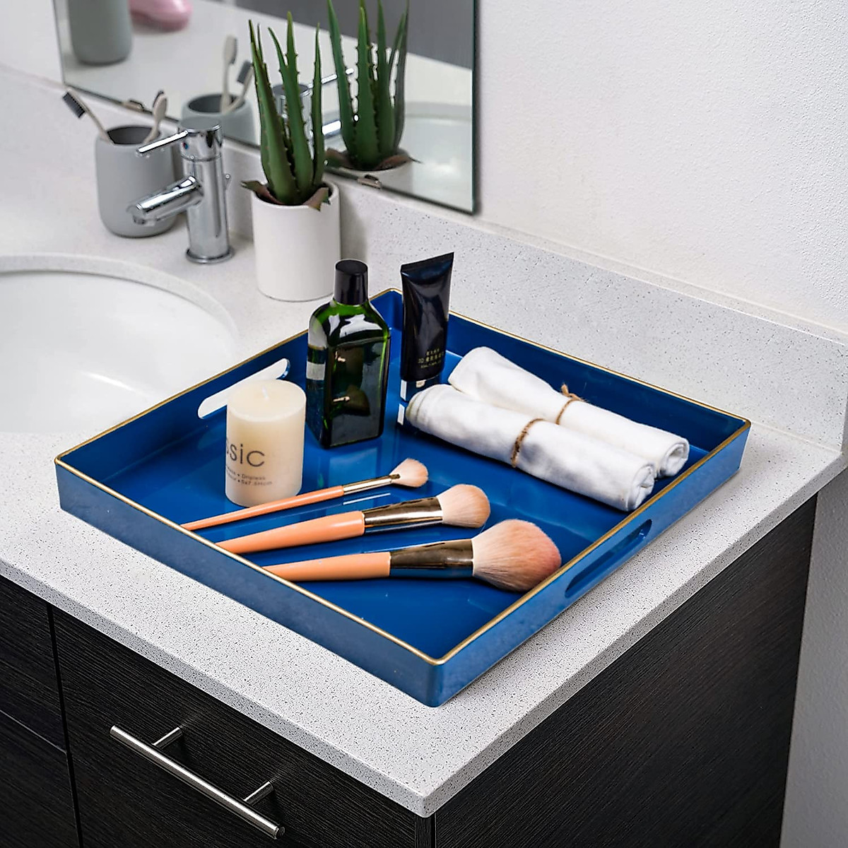 MAONAME Decorative Tray, Royal Blue Serving Tray with Handles, Coffee Table Tray, Square Plastic Tray for Ottoman, Bathroom, Kitchen, 13"x13"x1.57"