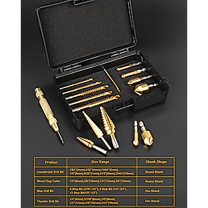 WENHUALI 16Pcs Drill Bit Set with Case, Including Titanium Coated 3Pcs Step Drill Bit, 6Pcs Countersink Drill Bits, 6Pcs High Speed Steel Twist Drill Bits for Metalworking, Woodworking, Hole Drilling