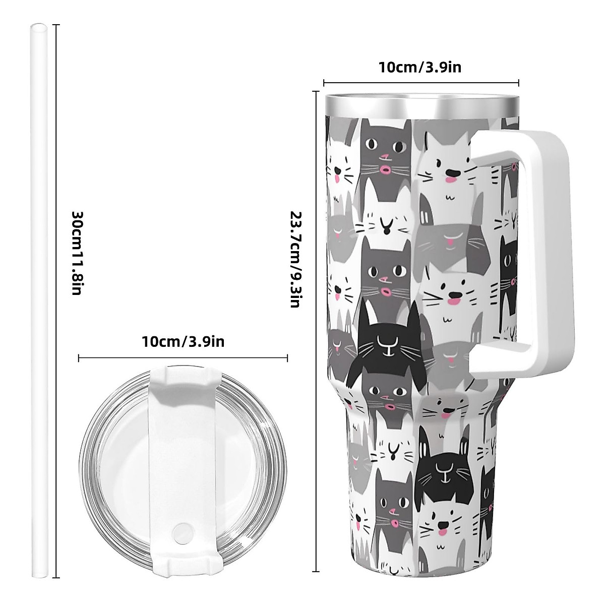 deaokluy 40 OZ Cute Cat Ice Bully Cup with Handle Straw Lid, Double Wall Stainless Steel Tumbler Travel Coffee Cup, Cartoon Insulation and Cooling Cup for Christmas Birthday Present