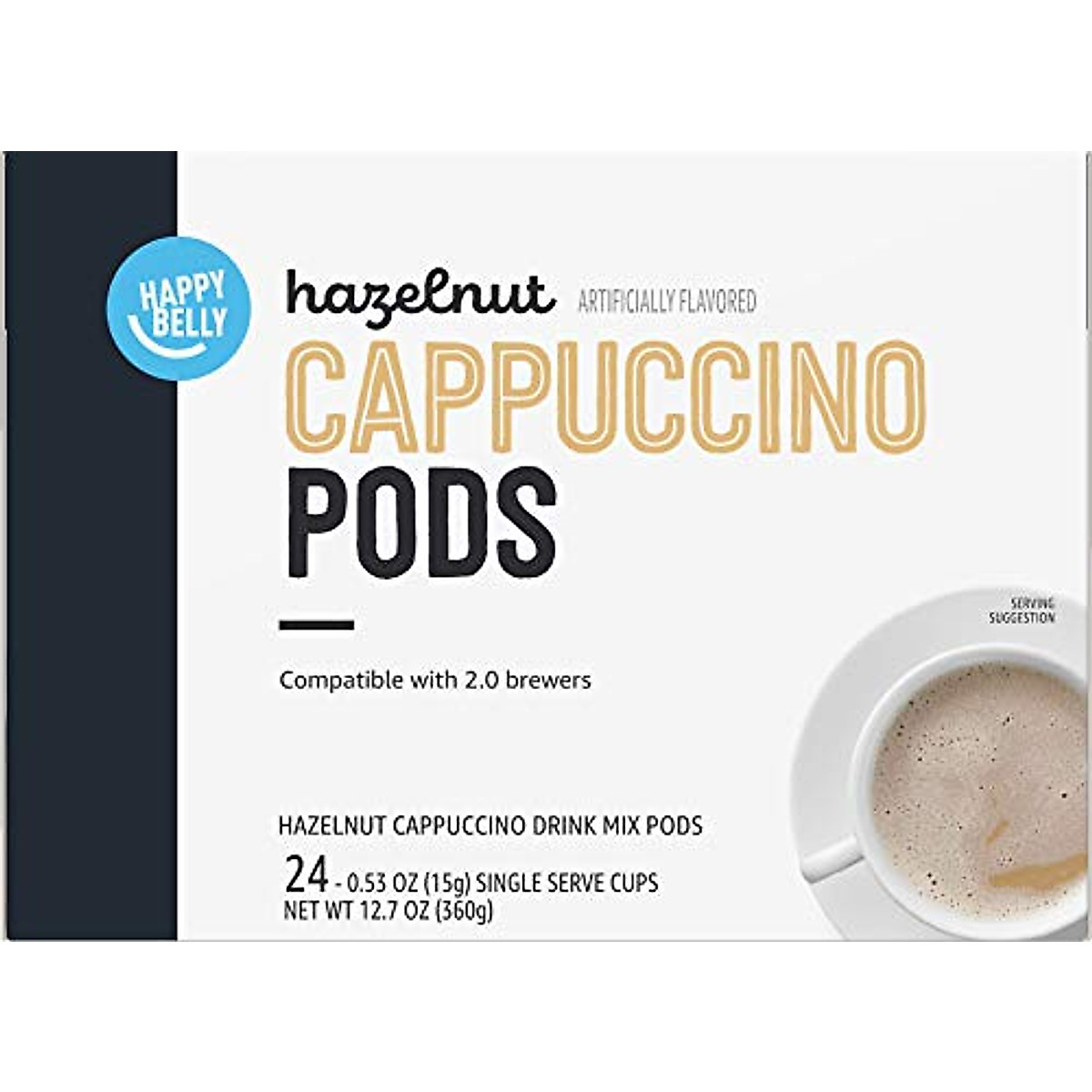 Amazon Brand - Happy Belly Light Roast Cappuccino Coffee Pods, Hazelnut Flavored, Compatible with K-Cup Brewers, 24 Count