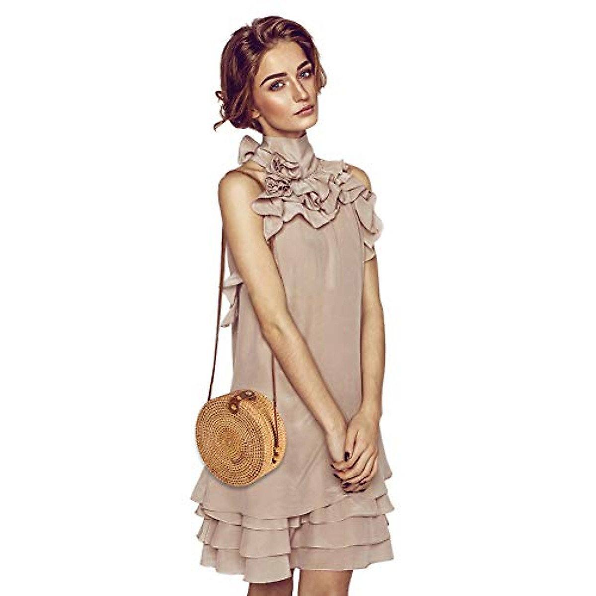 Forart Handwoven Round Rattan Bag Shoulder Leather Straps Natural Chic Circle Handbag Crossbody Bags(Ship from USA)