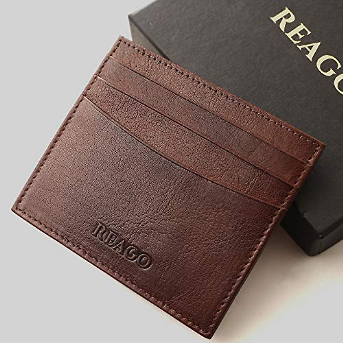 REAGO Handcrafted Front Pocket Small Slim RFID Crumpled Leather Wallet for Men Women, Credit Card Holder, Strong Stitching, Slip Pocket, ID Window, Minimalist Design, Chemical Free, Ideal Gift