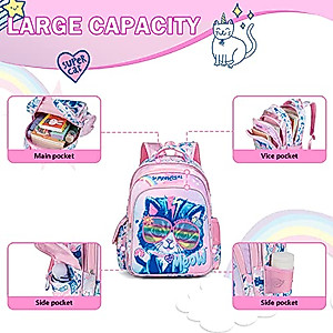 Robhomily Girls Backpack with Lunch Box for Elementary School Preschool Kindergarten,16 Inch Cute Cat Kids Backpack with Lunch Bags Sets for Girls,Pink School Backpack