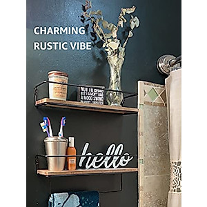 QEEIG Floating Shelves Bathroom Decor - Wall Shelf with Towel Bar Farmhouse 16 inch Set of 2, Rustic Brown (FS636)