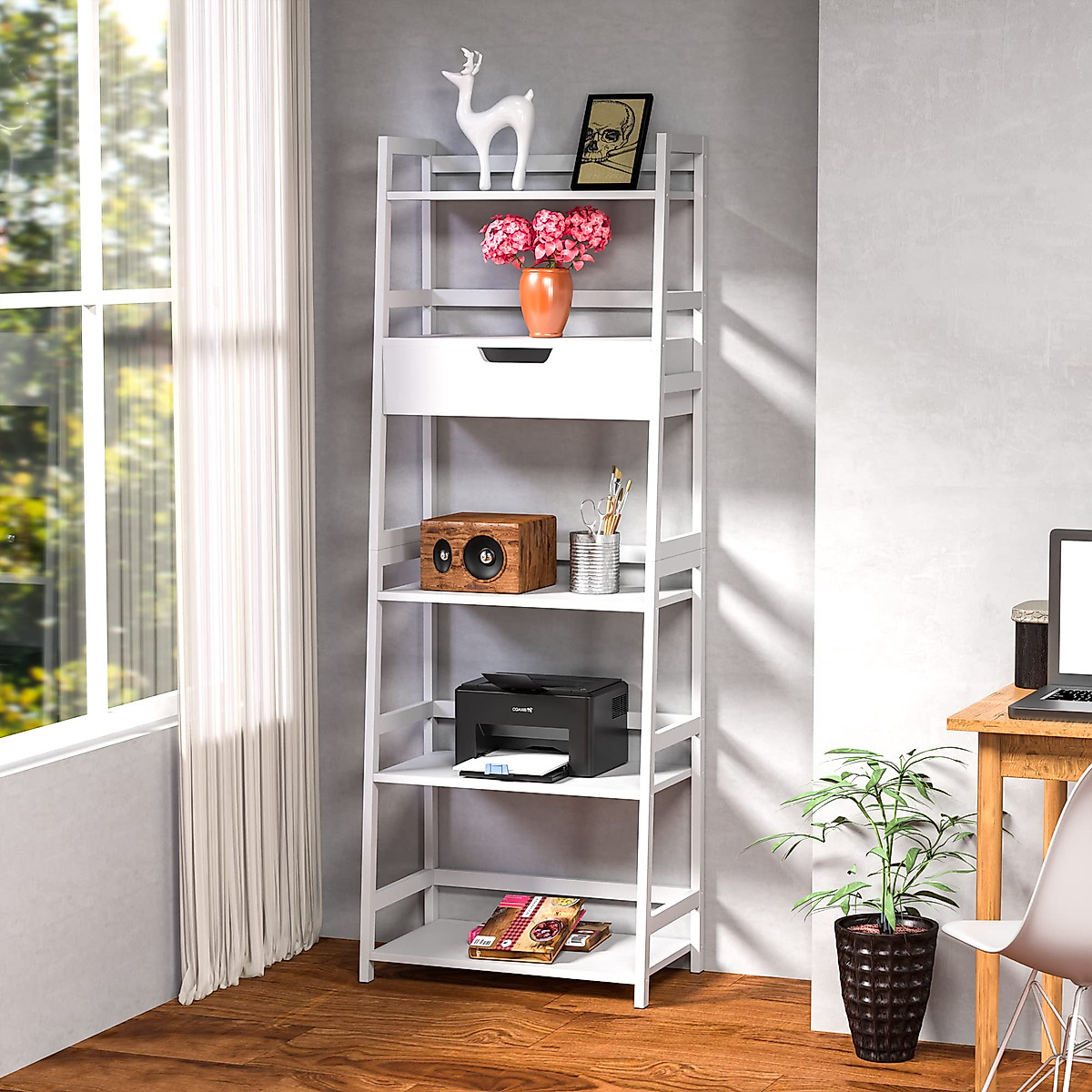 Bookshelf with Drawer, 5 Tiers Bamboo Bookcase Book Shelf Storage Organizer Modern ladder Shelf Display Stand Shelving Unit Tall Book Shelf Corner Rack for Home Office,Living Room,Kitchen,Bedroom,Toy