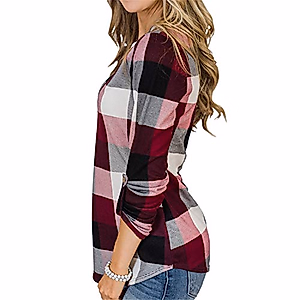 Andongnywell Women Lace Long Sleeve Casual Plaid V-Neck Loose Irregular Hem Shirt Top Costume Blouse Tunics Shirts (Wine Red,1,Small)