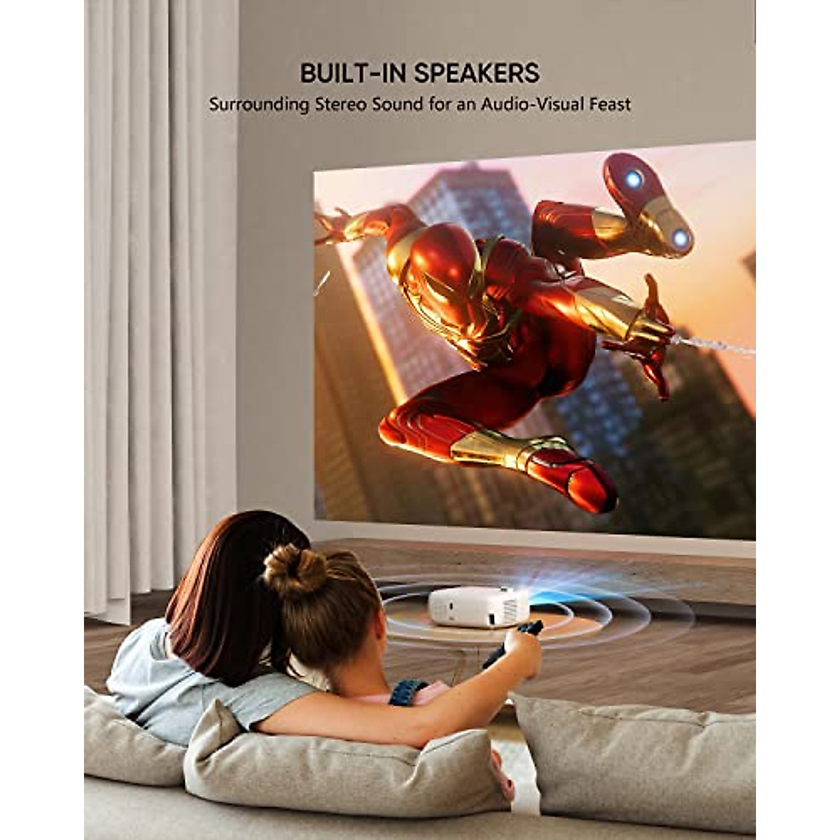 FunFlix Projector with WiFi and Bluetooth, 12000L/1080P Movie Projector Mini Portable Projector 300" Display, Support 4K, Built-in HiFi Speaker, Compatible HDMI/USB/PC/TV Box/iOS & Android Phone