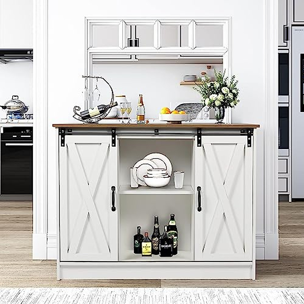 4 EVER WINNER Farmhouse Coffee Bar Cabinet, Kitchen Buffet Storage Coffee Cabinet Station Credenza Cupboard with Adjustable Shelf, Buffet Cabinet with Storage and Sliding Barn Doors, White