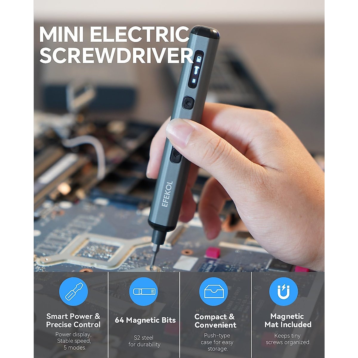 Mini Electric Screwdriver, 70 in 1 Precision Screwdriver Kit with 64 S2 Magnetic Bits, 5 Torque Levels, LED Screen Display, Rechargeable Power Screwdriver, Precision Work Set for Laptop Phone Watch