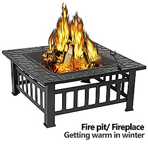 ZenStyle 32” Heavy Duty Square Fire Pit Outdoor Metal Firepit Wood Burning Fireplace w/Waterproof Dust Cover Patio Backyard Garden Stove Faux-Stone Finish