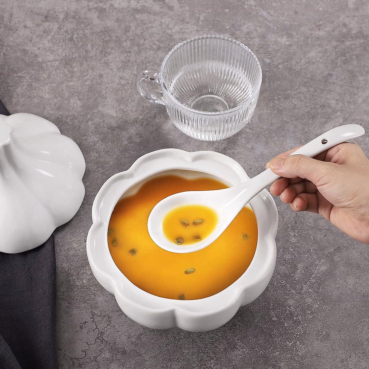 Buyajuju Porcelain Mini Size Ladles, 9 inch Large Soup Spoons, 6 Pieces Premium White Porcelain Spoons, Ladles for Stews, Chinese Noodles Spoons, Long Ladle Big Japanese Spoons