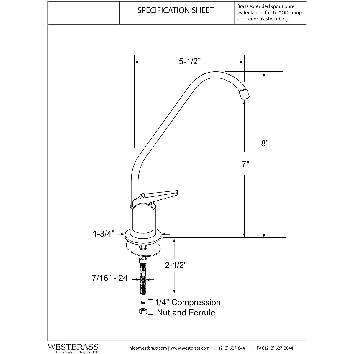 Westbrass A2031-NL-62 8" Touch-Flo Style Pure Cold Water Dispenser Faucet, 1-Pack, Matte Black