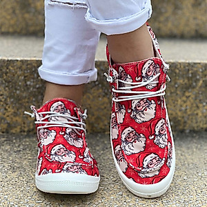 Women's Christmas Shoes Lace Up Fashion Sneakers Low Top Canvas Shoes Snowman Print Lightweight Walking Shoes Red
