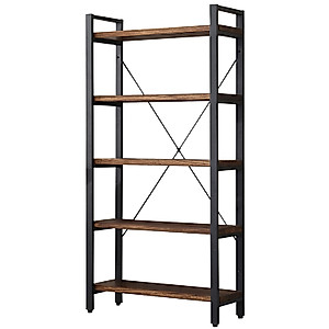 WH-AOERPUMY 5 Tier Bookcase, Solid Wood Bookshelf Rustic Vintage Industrial Etagere Bookcase, Metal and Wood Free Vintage Bookshelf, Retro Brown (Real Wood) (5-Tiers)