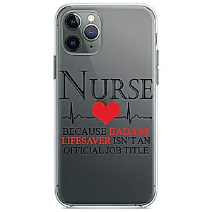 DistinctInk Clear Shockproof Hybrid Case for iPhone 13 Pro MAX (6.7" Screen) - TPU Bumper, Acrylic Back, Tempered Glass Screen Protector - Nurse Because Badass Lifesaver Isn't Title