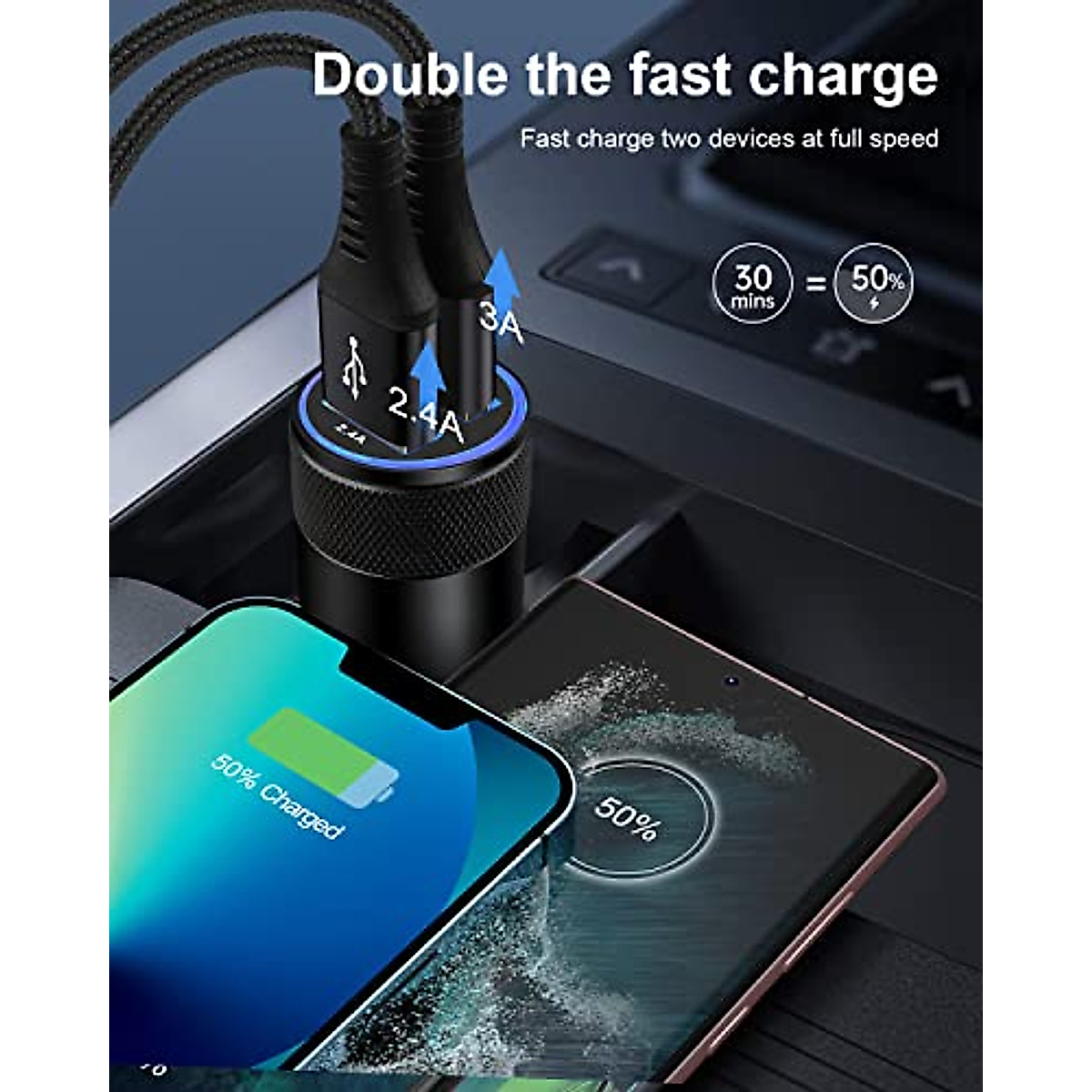 30w Car Charger, Quick Charge 3.0 Cigarette Lighter Adapter, 2 Port Fast Charging Car Plug for iPhone 15 Pro Max 14 13 12 XR X, Galaxy S24 Ultra S23 FE A25 A13 A24, USB Auto Cargador Carro for Travel
