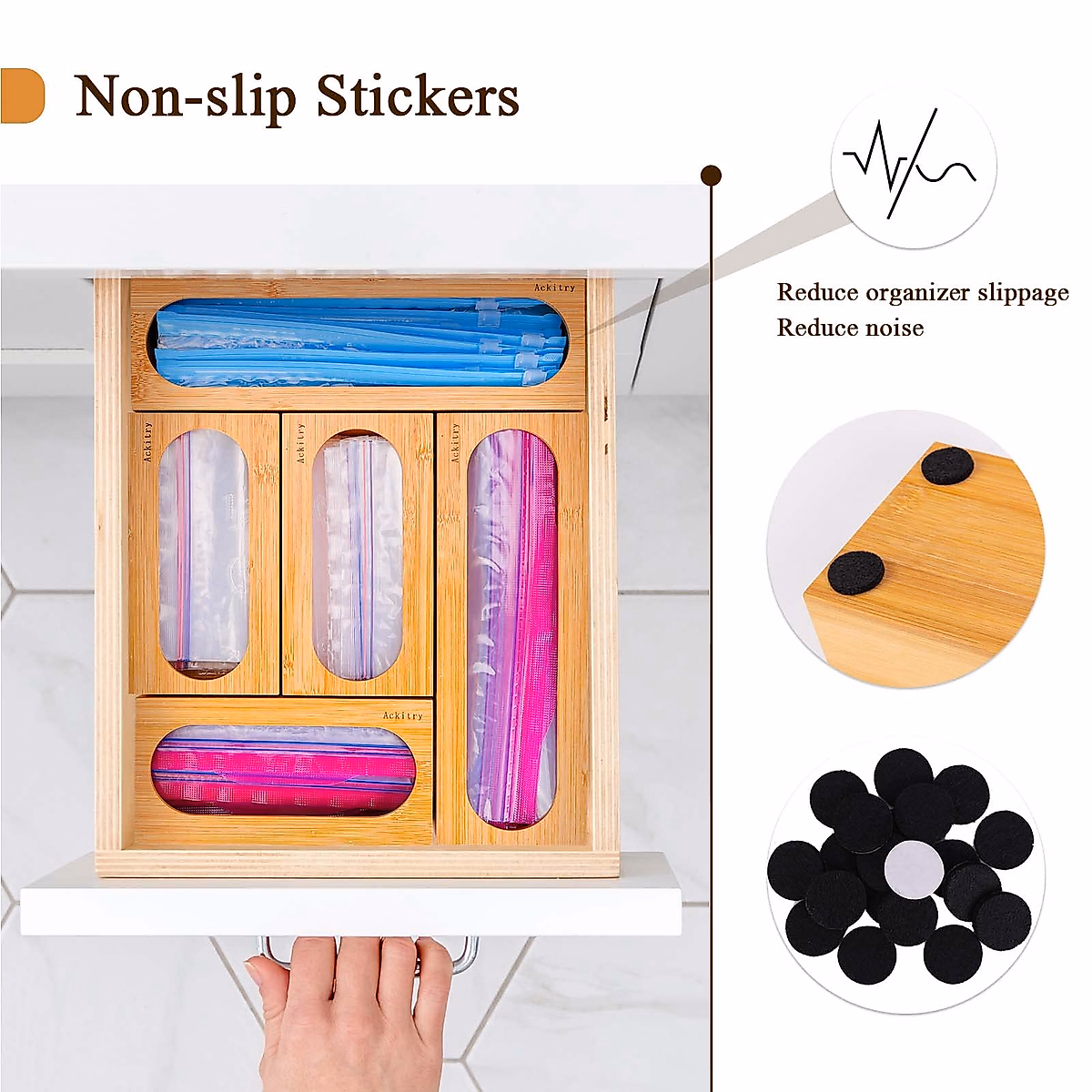 Ackitry Ziplock Bag Storage Organizer for Kitchen Drawer, 5 Pc Bamboo Premium Food Storage Bag Organizer Holders and Dispenser Compatible with Gallon, Quart, Sandwich, Snack, Candy Variety Size Bags