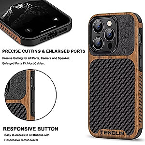 TENDLIN Compatible with iPhone 14 Pro Case Wood Grain with Carbon Fiber Texture Design Leather Hybrid Slim Case Black