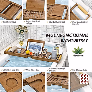 Bathtub Tray Bath Caddy Tray for Tub - Expandable Board and Book Stand Premium Leather Grip and Non-Slip Pat for Luxury Bath Bamboo Bathtub Table Tray for Home Spa and Gift Choice (Walnut)