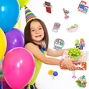 Deekin 147 Pcs Candyland Party Favors Set Include 24 Lollipops Keychains 24 Candyland Silicone Wristbands 50 Candy Stickers 24 Thank You Tags and White Organza Bags Candyland Party Favors