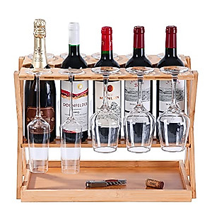 Ollieroo Countertop Wine Rack with Glass Holder, Freestanding Tabletop Small Wine Rack with Cork Tray, Hold 5 Wine Bottles 10 Glasses, Bamboo Wobble-Free Bottle Holder for Kitchen Bar Counter Cabinets