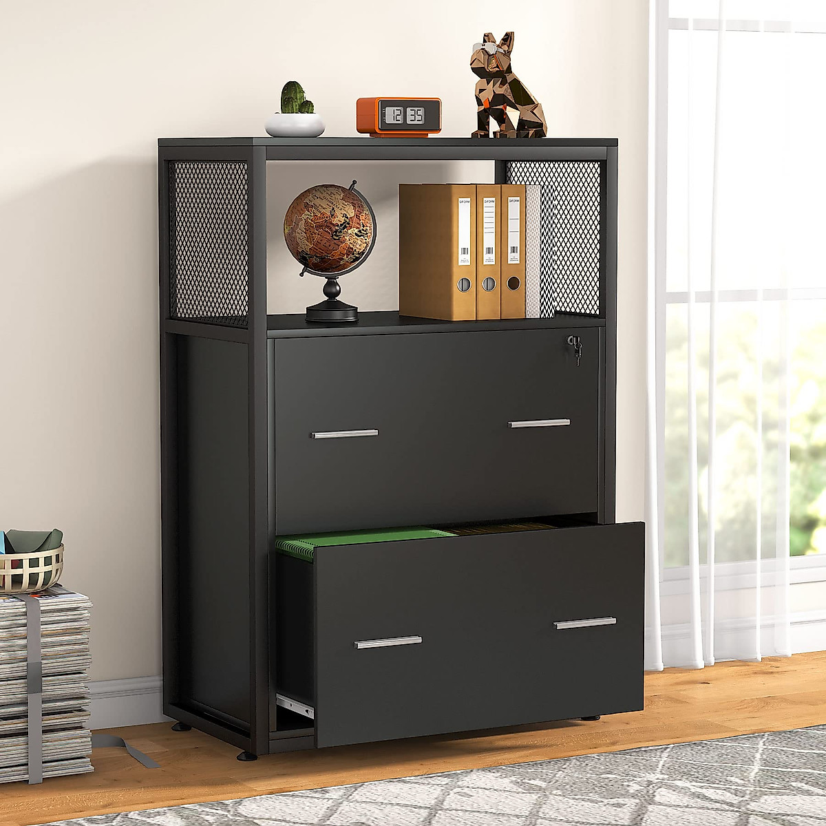 TRIBESIGNS WAY TO ORIGIN 2 Drawer File Cabinet with Lock, Large Lateral Filing Cabinet for Letter/Legal / A4 Size, Wood Printer Stand with Open Storage Shelves for Home Office (Black)
