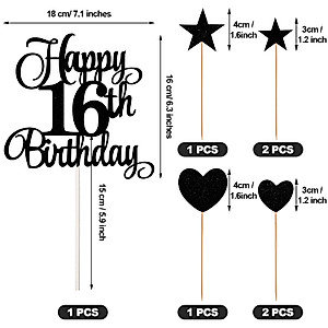 16th Birthday Cake Decorations Set Include 16th Birthday Candles Numeral 16 Cake Candles and Happy 16th Birthday Cake Toppers with Heart Star Cupcake Picks for Birthday Party (Black Series)